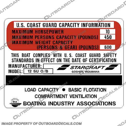 1973 Starcraft 12SU O/B Capicity Plate Decal